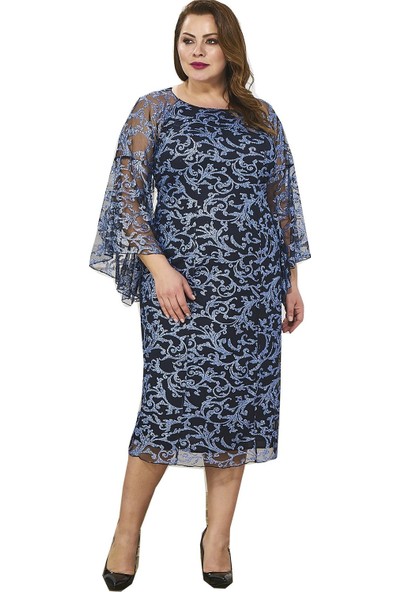 Lilas Xxl Büyük Beden Indigo Desenli Tül Elbise