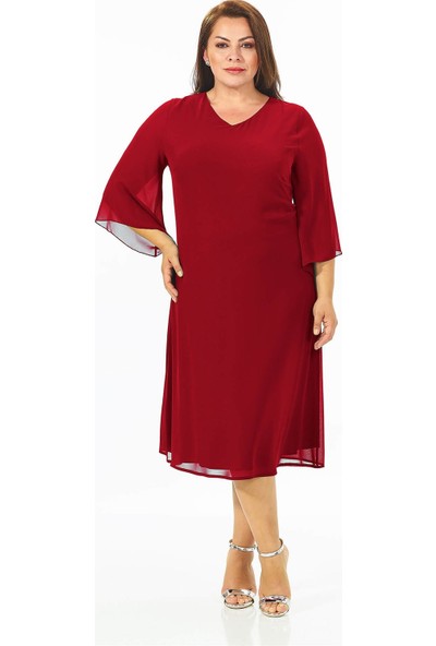Lilas Xxl Büyük Beden Koyu Kırmızı Renkli Şifon Elbise