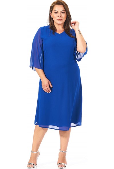 Lilas Xxl Büyük Beden Saks Mavisi Renkli Şifon Elbise Lilas Xxl Büyük Beden Saks Mavisi Renkli Şifon Elbise
