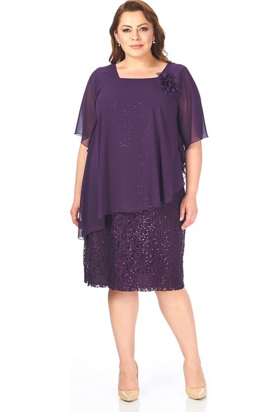 Lilas Xxl Büyük Beden Mor Renkli Dantel Abiye Elbise