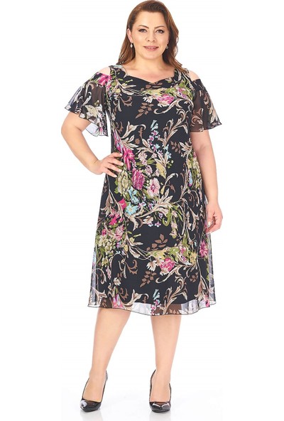 Lilas Xxl Büyük Beden Çalı Desenli Şifon Elbise