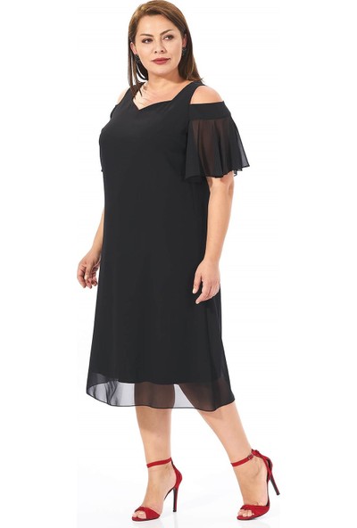 Lilas Xxl Büyük Beden Siyah Renkli Omuz Detaylı Şifon Elbise