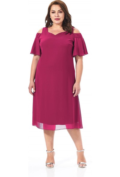 Lilas Xxl Büyük Beden Fuşya Renkli Omuz Detaylı Şifon Elbise Lilas Xxl Büyük Beden Fuşya Renkli Omuz Detaylı Şifon Elbise