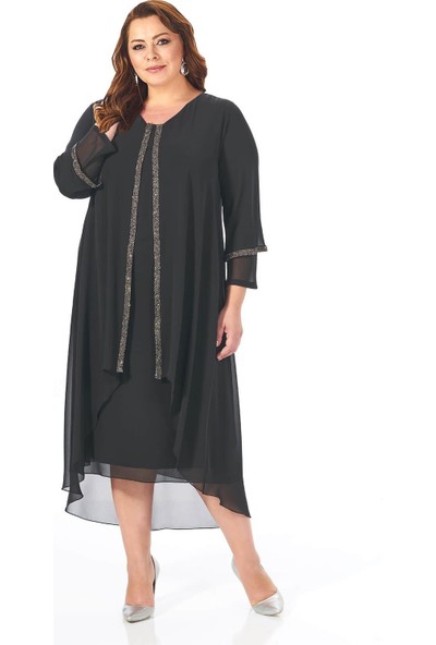 Lilas Xxl Büyük Beden Siyah Renkli Taş Baskılı Kısa Abiye Elbise