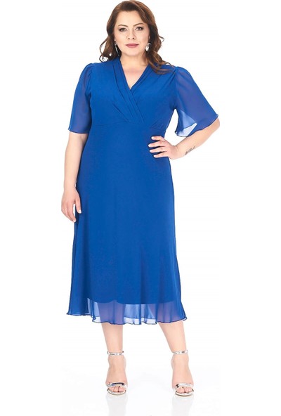 Lilas Xxl Büyük Beden Saks Mavisi Renkli Pileli Yaka Kısa Şifon Elbise Lilas Xxl Büyük Beden Saks Mavisi Renkli Pileli Yaka Kısa Şifon Elbise