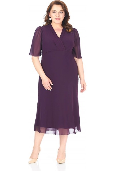 Lilas Xxl Büyük Beden Mürdüm Renkli Pileli Yaka Kısa Şifon Elbise Lilas Xxl Büyük Beden Mürdüm Renkli Pileli Yaka Kısa Şifon Elbise