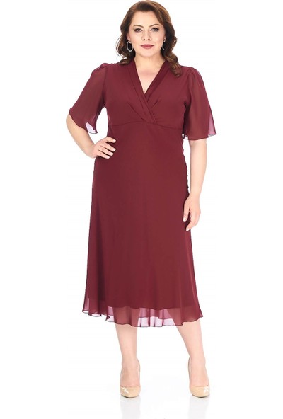 Lilas Xxl Büyük Beden Bordo Renkli Pileli Yaka Kısa Şifon Elbise Lilas Xxl Büyük Beden Bordo Renkli Pileli Yaka Kısa Şifon Elbise