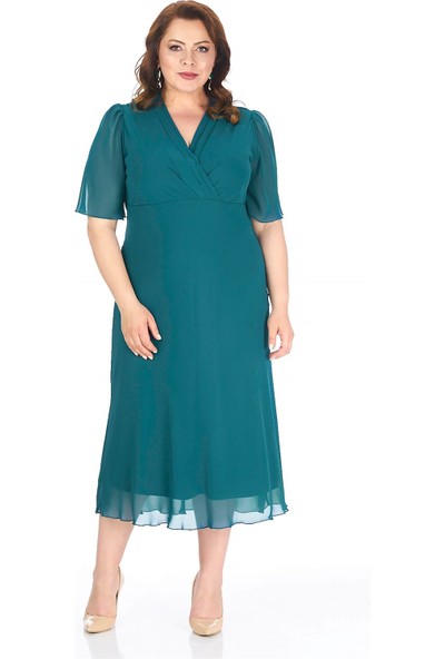 Lilas Xxl Büyük Beden Petrol Yeşili Rengi Pileli Yaka Kısa Şifon Elbise