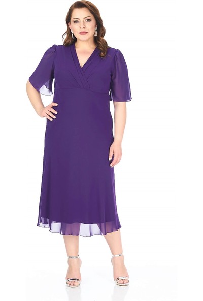 Lilas Xxl Büyük Beden Mor Renkli Pileli Yaka Kısa Şifon Elbise Lilas Xxl Büyük Beden Mor Renkli Pileli Yaka Kısa Şifon Elbise
