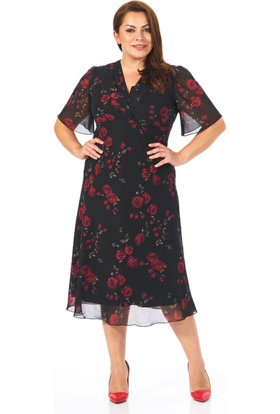 Lilas Xxl Büyük Beden Kırmızı Güllü Pile Yaka Elbise