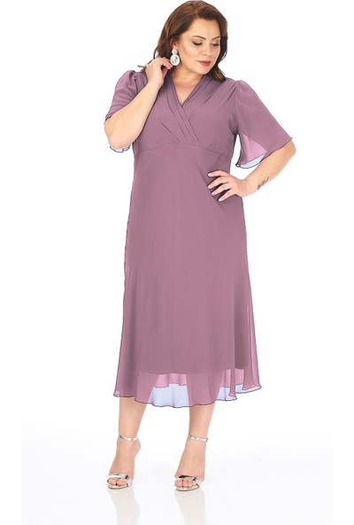 Lilas Xxl Büyük Beden Gül Kurusu Renkli Pileli Yaka Kısa Şifon Elbise