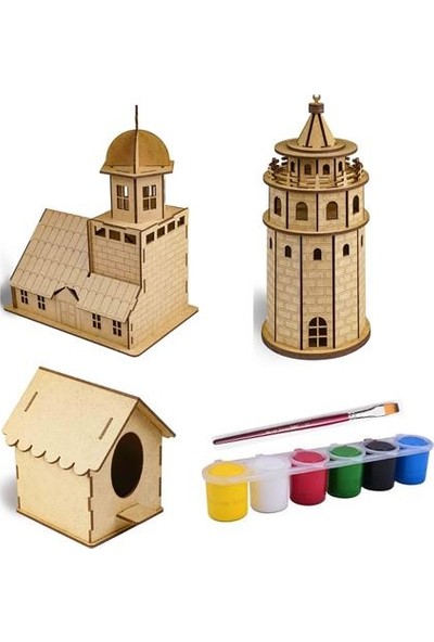 Hobialem Ahşap Maket, 3 Lü Set, Maket Boyama Seti, Ahşap Puzzle, Akrilik Boya, Fırça Hobialem Ahşap Maket, 3 Lü Set, Maket Boyama Seti, Ahşap Puzzle, Akrilik Boya, Fırça
