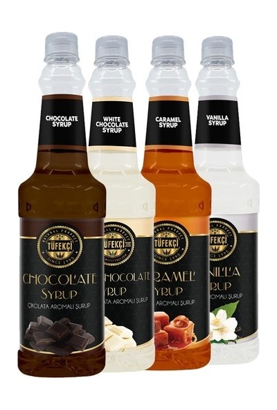 By Tüfekçi 4lü Avantajlı Paket Çikolata, Vanilya, Karamel ve Beyaz Çikolata Şurup 4X750 ml By Tüfekçi 4lü Avantajlı Paket Çikolata, Vanilya, Karamel ve Beyaz Çikolata Şurup 4X750 ml