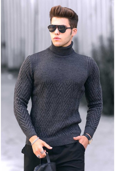 Madmext Antrasit Balıkçı Yaka Örgü Desenli Kazak 4655