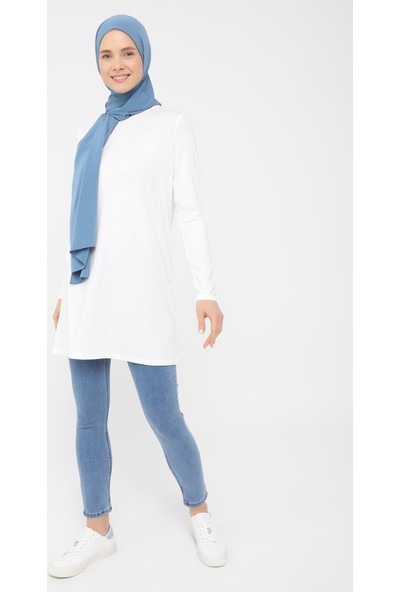Refka Viskon Kumaştan Bisiklet Yaka Tunik 85 cm - Off White Refka Viskon Kumaştan Bisiklet Yaka Tunik 85 cm - Off White