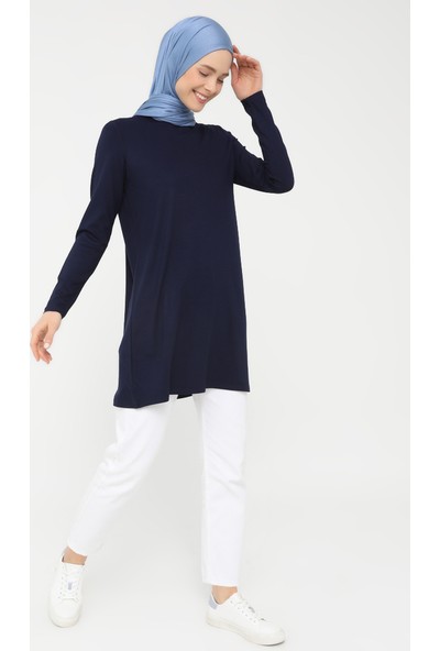 Refka Doğal Kumaşlı Bisiklet Yaka Tunik - Lacivert - Refka Refka Doğal Kumaşlı Bisiklet Yaka Tunik - Lacivert - Refka