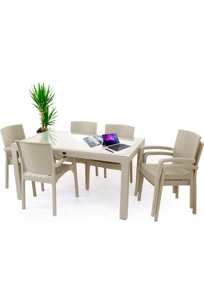 Bahex Violet 6 Kişilik 90X150 Camlı Rattan Desenli Masa Takımı 4 Renk Seçeneği