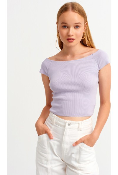 Dilvin 2682 Kayık Yaka Kısa Kol Kazak-Lila