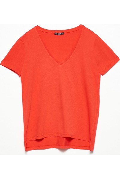 Dilvin 3470 V Yaka Basic T-Shirt-Kırmızı