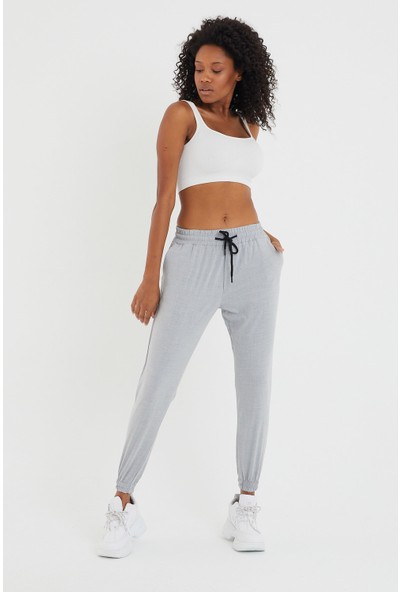 Ohepmoda Dar Kesim Paça Bel Lastikli Kadın Jogger Pantolon Açık Gri