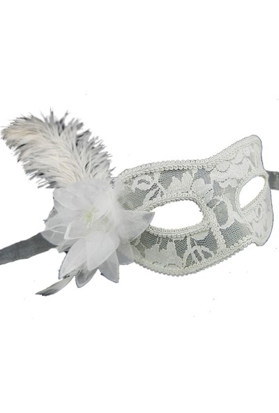 Pandoli Beyaz Renk Dantelli Güllü Tüylü Wedding Maskesi Pandoli Beyaz Renk Dantelli Güllü Tüylü Wedding Maskesi