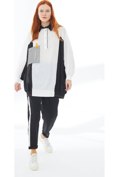 Zühre Cep Detaylı Siyah-Ekru Spor Tunik T-0802