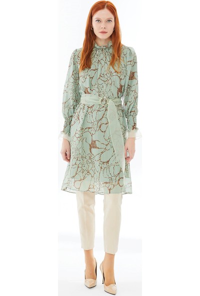 Zühre Leopar Çizgili Kemer Detaylı Mint Tunik T-0809