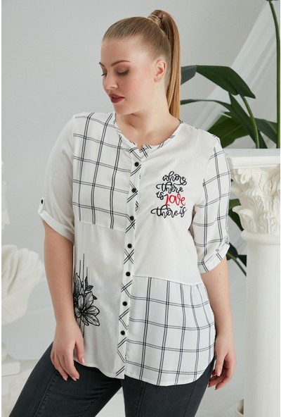 Rmg Nakış Detaylı Kareli Büyük Beden Bayan Gömlek