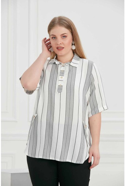Rmg Çizgili Büyük Beden Bayan Gömlek