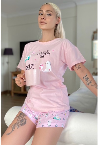 Home Cat Baskılı Şortlu Kadın Pijama Takımı