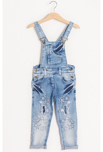 Babymod Taş Işlemeli Denim Kumaş Kız Çocuk Kot Salopet Tulum