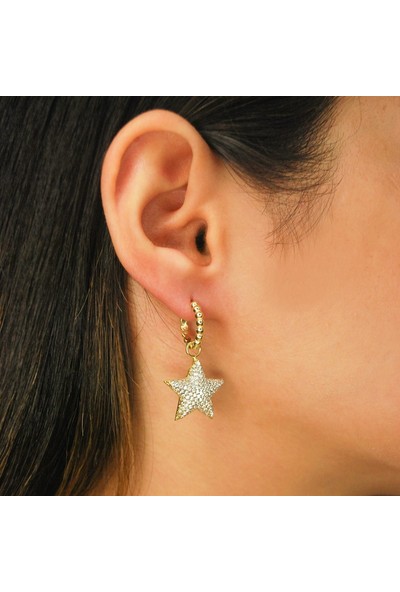 Medcezir Güverse Halka Taşlı Yıldız Gümüş Küpe