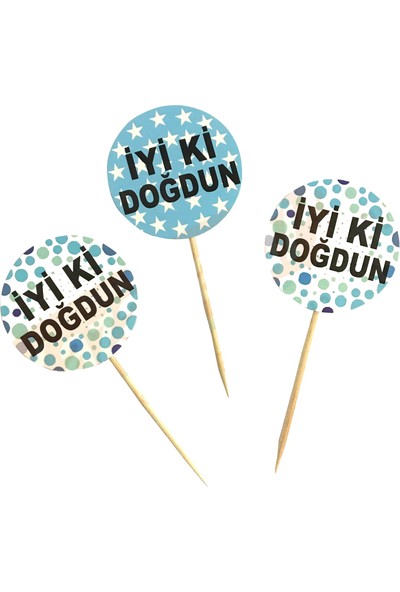 Samur Mavi Renk Iyiki Doğdun Yazılı Yıldız Yuvarlak Desenli Kürdan Süs 20 Adet Samur Mavi Renk Iyiki Doğdun Yazılı Yıldız Yuvarlak Desenli Kürdan Süs 20 Adet