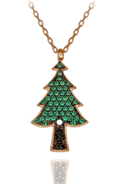 Takı Boom Yeşil Siyah Taşlı Çam Ağacı Gümüş Kolye