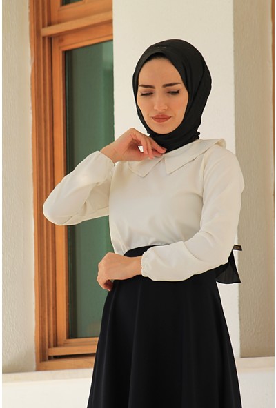 Rana Butik Krem Koton Dik Yaka Fırfırlı Bluz