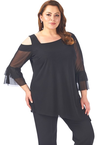 Lilas Xxl Büyük Beden Siyah Renkli Açık Omuzlu Likralı Tül Tunik