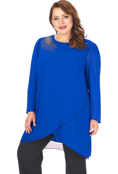 Lilas Xxl Büyük Beden Saks Mavisi Renkli Uzun Şifon Tunik Lilas Xxl Büyük Beden Saks Mavisi Renkli Uzun Şifon Tunik