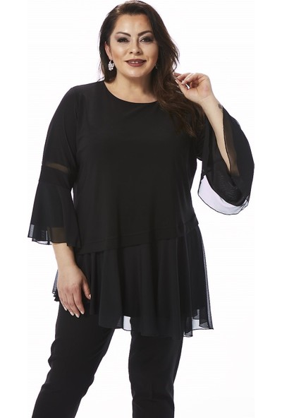 Lilas Xxl Büyük Beden Siyah Renkli Tül Detaylı Ispanyol Kol Tunik Lilas Xxl Büyük Beden Siyah Renkli Tül Detaylı Ispanyol Kol Tunik