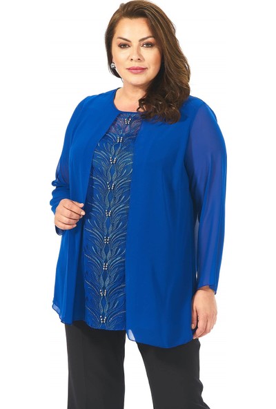 Lilas Xxl Büyük Beden Önü Nakışlı Saks Şifon Tunik