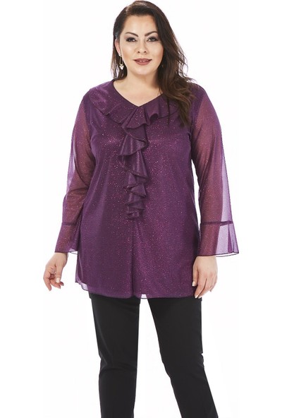 Lilas Xxl Büyük Beden Mürdüm Renkli Simli Fırfır Detaylı Likralı Tunik Lilas Xxl Büyük Beden Mürdüm Renkli Simli Fırfır Detaylı Likralı Tunik