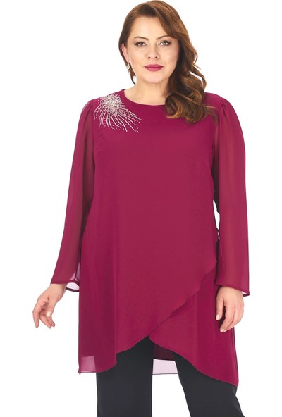 Lilas Xxl Büyük Beden Fuşya Renkli Uzun Şifon Tunik