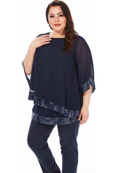 Lilas Xxl Büyük Beden Lacivert Renkli Şifon Pul Detaylı Tunik Lilas Xxl Büyük Beden Lacivert Renkli Şifon Pul Detaylı Tunik