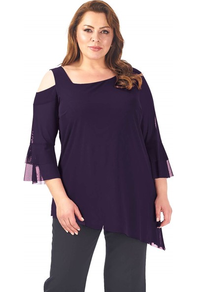 Lilas Xxl Büyük Beden Mor Renkli Açık Omuzlu Likralı Tül Tunik