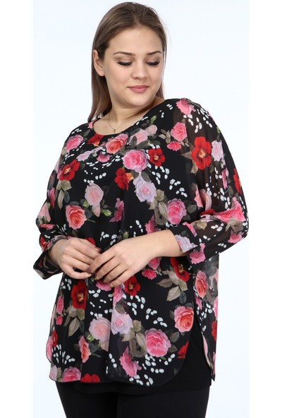 Lilas Xxl Büyük Beden Siyah Desenli Şifon Bluz Lilas Xxl Büyük Beden Siyah Desenli Şifon Bluz