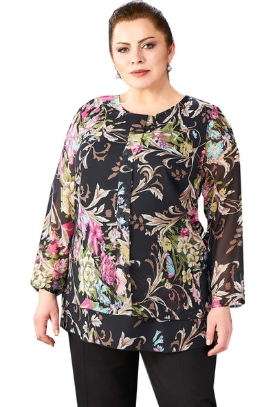 Lilas Xxl Kadın Büyük Beden Çalı Desenli Şifon Bluz