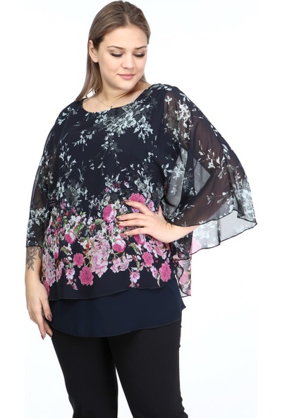 Lilas Xxl Kadın Büyük Beden Fuşya Renkli Çiçekli Yarasa Kol Şifon Bluz