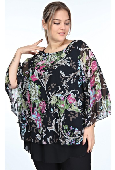 Lilas Xxl Kadın Büyük Beden Çalı Desenli Yarasa Kol Şifon Bluz