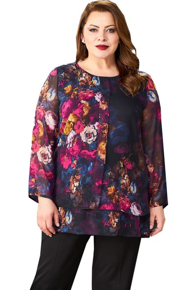 Lilas Xxl Kadın Büyük Beden Pembe Renkli Çiçekli Şifon Bluz