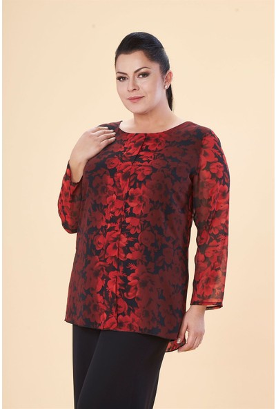 Lilas Xxl Kadın Büyük Beden Desenli Kırmızı Renkli Şifon Bluz Lilas Xxl Kadın Büyük Beden Desenli Kırmızı Renkli Şifon Bluz