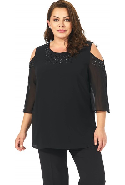 Lilas Xxl Kadın Büyük Beden Siyah Renkli Omuz Detaylı Şifon Tunik